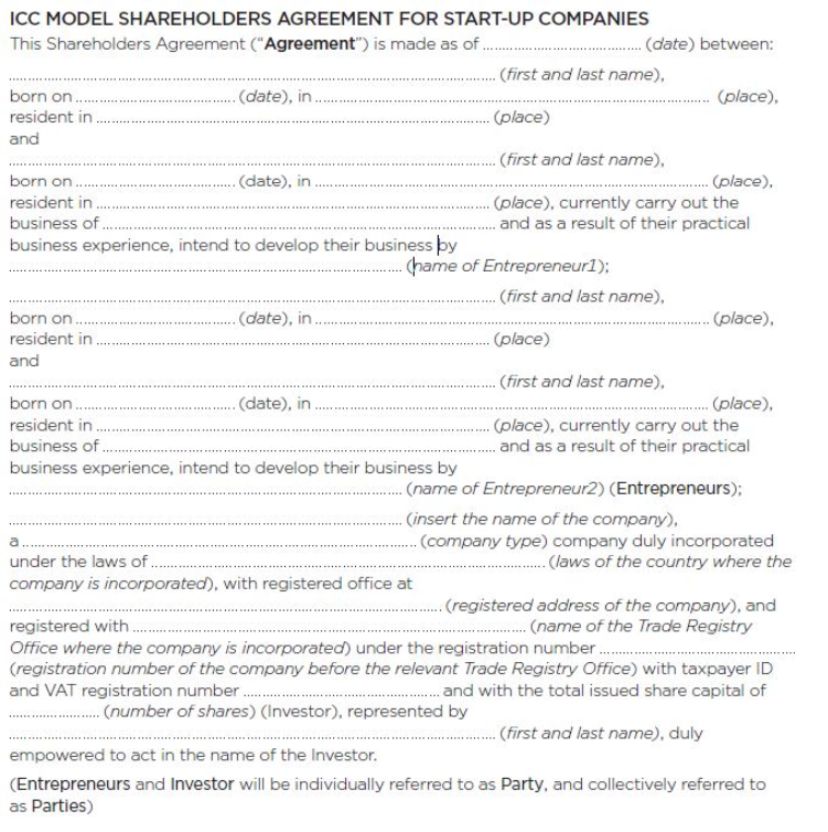 ICC Model Shareholders Agreement For Start-up Companies