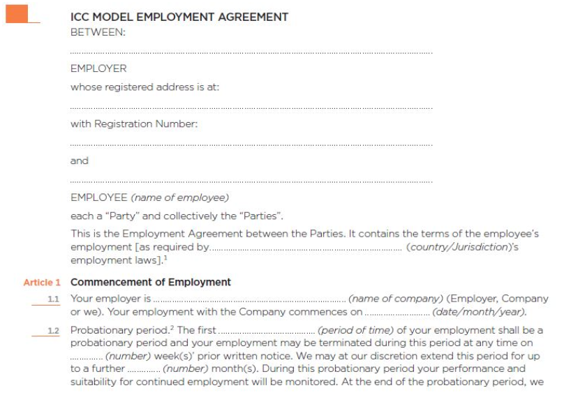 ICC Model Employment Agreement drafting